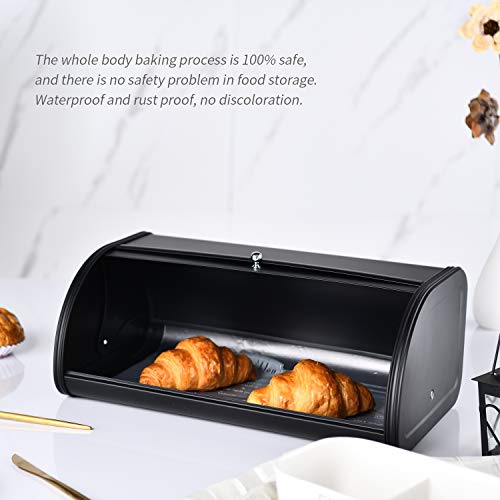 Stainless Steel Bread Box with Roll Up Lid, For Easy Kitchen Counter Storage, Bread Bin Holder,17.5X11.5X7.5 inch, Matte Black