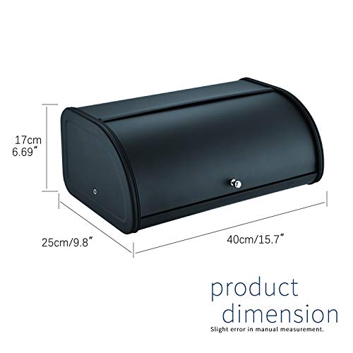 Stainless Steel Bread Box with Roll Up Lid, For Easy Kitchen Counter Storage, Bread Bin Holder,17.5X11.5X7.5 inch, Matte Black