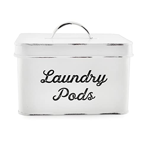 AuldHome Enamelware Laundry Pod Holder; Rustic White Laundry Pod Storage Container