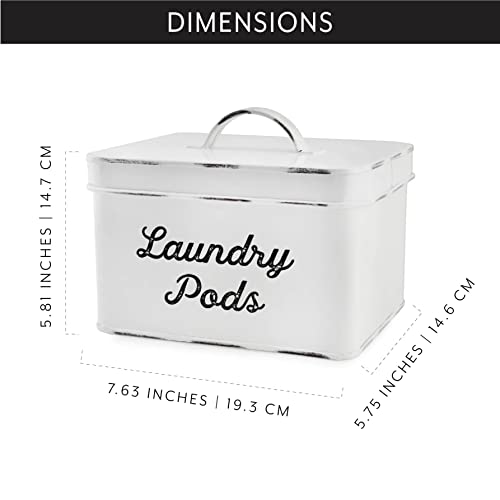 AuldHome Enamelware Laundry Pod Holder; Rustic White Laundry Pod Storage Container