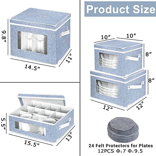 homyfort China Storage Containers for Mug, Stemware Storage and Plates, China Dishes Coffee Tea Cups Mugs Wine Glasses Transport, Hard Shell and Stackable, Includes 24 Felt Protectors Set of 4 (Blue)