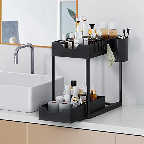 YYS Upgraded Under Sink|Cabinet Organizers for Kitchen|Bathroom, 2-Tiers Both Pulling-Out Wider & Higher Storage, Under Kitchen|Bathroom Sink Organizers and Storage Double Sliding Out with 4 Hooks