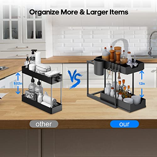 YYS Upgraded Under Sink|Cabinet Organizers for Kitchen|Bathroom, 2-Tiers Both Pulling-Out Wider & Higher Storage, Under Kitchen|Bathroom Sink Organizers and Storage Double Sliding Out with 4 Hooks