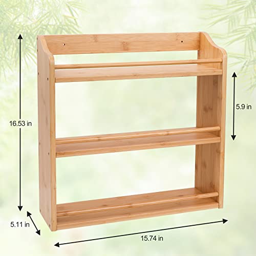 FoverOne 3-Tier Bamboo Spice Rack, 15.74" L x 5.11" W x 16.53" H, Wood Spice Jars Holder, Seasoning Rack Spice Bottle Shelf Organizer for Kitchen Countertop or Wall Mounting