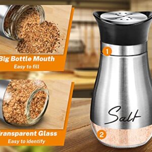 Salt and Pepper Shakers Set,4 oz Glass Bottom Salt Pepper Shaker with Stainless Steel Lid for Kitchen Cooking Table, RV, Camp,BBQ Refillable Design (Sliver)