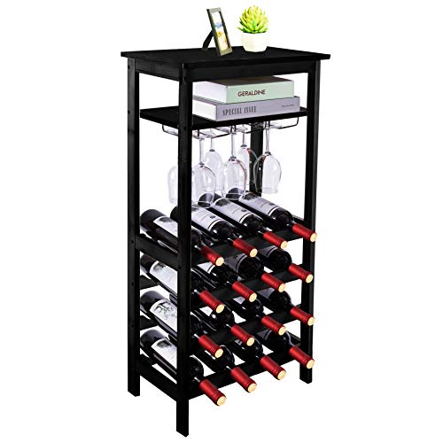 URFORESTIC Bamboo Wine Rack Free Standing Wine Holder Display Shelves with Glass Holder Rack, 16 Bottles Stackable Capacity for Home Kitchen