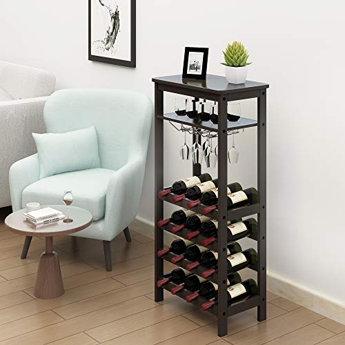 URFORESTIC Bamboo Wine Rack Free Standing Wine Holder Display Shelves with Glass Holder Rack, 16 Bottles Stackable Capacity for Home Kitchen