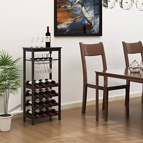 URFORESTIC Bamboo Wine Rack Free Standing Wine Holder Display Shelves with Glass Holder Rack, 16 Bottles Stackable Capacity for Home Kitchen