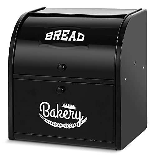 Olebes Bread Box, Metal Bread Box For Kitchen Countertop, Bread Storage Container Holds 2 Loaves Of Bread, High Capacity Breadbox, Bread Holder Suit Farmhouse Kitchen Decor For Counter (Black)