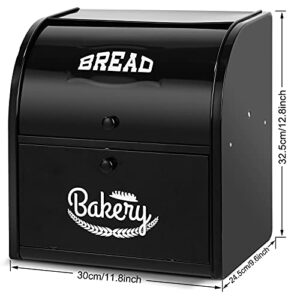 Olebes Bread Box, Metal Bread Box For Kitchen Countertop, Bread Storage Container Holds 2 Loaves Of Bread, High Capacity Breadbox, Bread Holder Suit Farmhouse Kitchen Decor For Counter (Black)