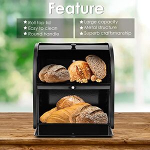 Olebes Bread Box, Metal Bread Box For Kitchen Countertop, Bread Storage Container Holds 2 Loaves Of Bread, High Capacity Breadbox, Bread Holder Suit Farmhouse Kitchen Decor For Counter (Black)