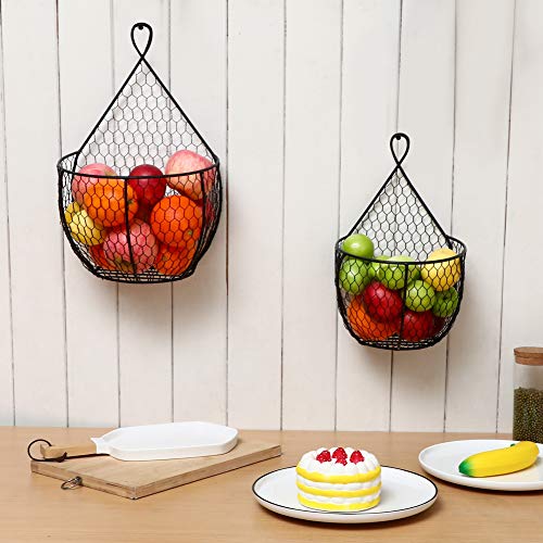 ERYTLLY Metal Fruit And Vegetable Storage Hanging Basket Wall Mounted, Hanging Fruit Basket For Kitchen Black Wire Baskets for Flowers, Fruits and Veggies, Fruit Hanging Baskets - Set of 2