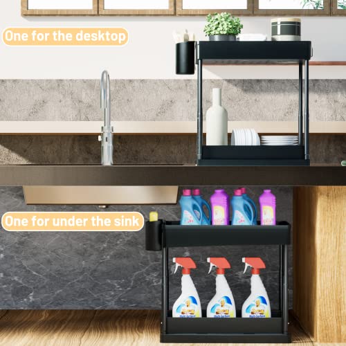 Seculiving Under Sink Organizer, 2 Pack Adjustable Height Pull-Out Under Cabinet Storage with 8 Hooks 2 Cups, 2 Tier Under Sink Organizers and Storage for Bathroom, Kitchen, Cabinet, Countertop