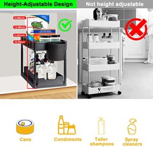 Seculiving Under Sink Organizer, 2 Pack Adjustable Height Pull-Out Under Cabinet Storage with 8 Hooks 2 Cups, 2 Tier Under Sink Organizers and Storage for Bathroom, Kitchen, Cabinet, Countertop