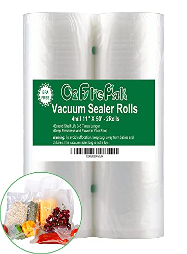 O2frepak 2Pack 11"x50' Rolls 4mil Vacuum Sealer Bags Rolls with BPA Free,Heavy Duty Vacuum Sealer Storage Bags Rolls ,Cut to Size Roll,Great for Sous Vide (Total 100 feet)