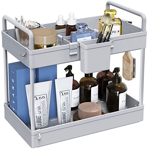 SOLEJAZZ Under Sink Organizer, Under Sink Organizers and Storage Multi-Purpose Under Cabinet Storage, 2 Tier Under Bathroom Cabinet Storage with Dividers, Hooks, Cup for Bathroom, Kitchen, Gray