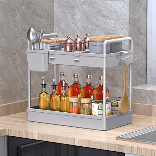 SOLEJAZZ Under Sink Organizer, Under Sink Organizers and Storage Multi-Purpose Under Cabinet Storage, 2 Tier Under Bathroom Cabinet Storage with Dividers, Hooks, Cup for Bathroom, Kitchen, Gray