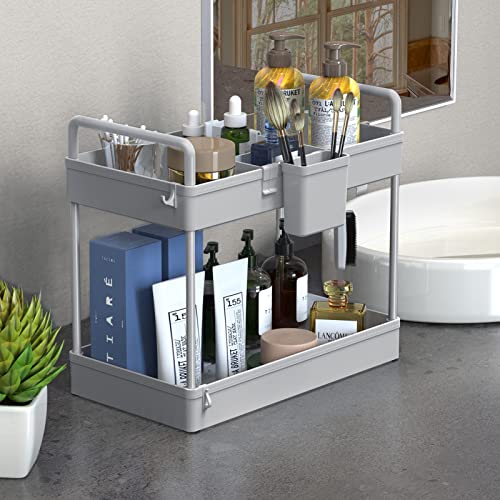 SOLEJAZZ Under Sink Organizer, Under Sink Organizers and Storage Multi-Purpose Under Cabinet Storage, 2 Tier Under Bathroom Cabinet Storage with Dividers, Hooks, Cup for Bathroom, Kitchen, Gray