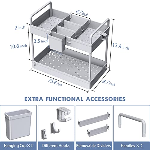 SOLEJAZZ Under Sink Organizer, Under Sink Organizers and Storage Multi-Purpose Under Cabinet Storage, 2 Tier Under Bathroom Cabinet Storage with Dividers, Hooks, Cup for Bathroom, Kitchen, Gray