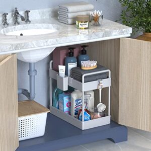 SOLEJAZZ Under Sink Organizer, Under Sink Organizers and Storage Multi-Purpose Under Cabinet Storage, 2 Tier Under Bathroom Cabinet Storage with Dividers, Hooks, Cup for Bathroom, Kitchen, Gray