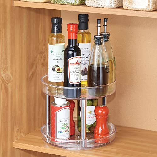 mDesign 2 Tier Lazy Susan Turntable Food Storage Container for Cabinets, Pantry, Fridge, Countertops - Raised Edge, Spinning Organizer for Spices, Condiments - 9" Round - Clear/Chrome