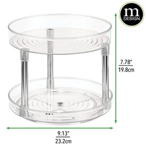 mDesign 2 Tier Lazy Susan Turntable Food Storage Container for Cabinets, Pantry, Fridge, Countertops - Raised Edge, Spinning Organizer for Spices, Condiments - 9" Round - Clear/Chrome