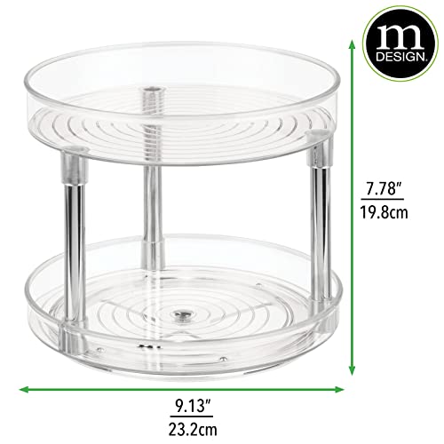 mDesign 2 Tier Lazy Susan Turntable Food Storage Container for Cabinets, Pantry, Fridge, Countertops - Raised Edge, Spinning Organizer for Spices, Condiments - 9" Round - Clear/Chrome