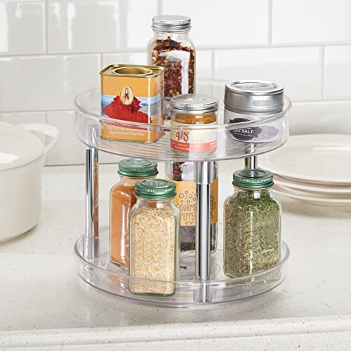 mDesign 2 Tier Lazy Susan Turntable Food Storage Container for Cabinets, Pantry, Fridge, Countertops - Raised Edge, Spinning Organizer for Spices, Condiments - 9" Round - Clear/Chrome