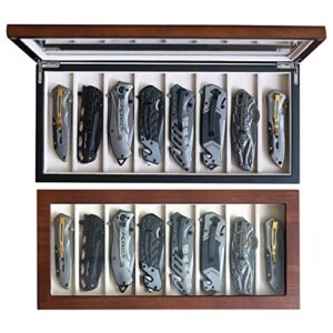 besforu knife display case organizer storage 8 pocket knives, folding knife holder with real glass window top， pocket knife collection box for men gift (walnut veneer 8 slot)