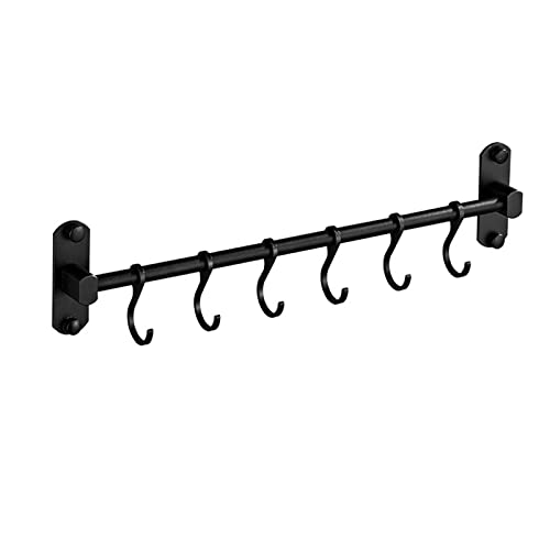 Kitchen Rail with 6 Sliding Hooks, Wall Mount Kitchen Utensil Rack, Pan and Pot Hangers Organization and Storage Holder Set, Aluminum (Black)