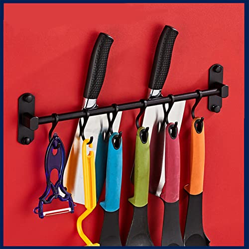 Kitchen Rail with 6 Sliding Hooks, Wall Mount Kitchen Utensil Rack, Pan and Pot Hangers Organization and Storage Holder Set, Aluminum (Black)