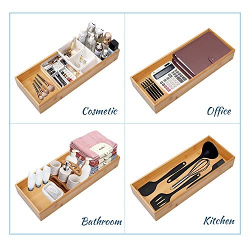 PRATIQUE Bamboo Drawer Organizer - Kitchen Utensil Organizer Silverware Tray Cutlery Holder，Office Desk Supplies and Accessories (12x3x2.6 inch)