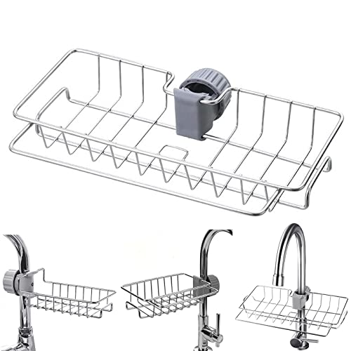 BIGSPINACH Sponge Holder for Kitchen Sink, Kitchen Sink Tray, Stainless Steel Detachable Hanging Faucet Drain Rack for Sponge, Dish Brush and Dish Towel, No Drilling, Farmhouse Sink Accessories