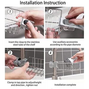 BIGSPINACH Sponge Holder for Kitchen Sink, Kitchen Sink Tray, Stainless Steel Detachable Hanging Faucet Drain Rack for Sponge, Dish Brush and Dish Towel, No Drilling, Farmhouse Sink Accessories