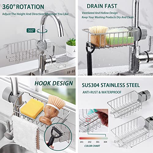 BIGSPINACH Sponge Holder for Kitchen Sink, Kitchen Sink Tray, Stainless Steel Detachable Hanging Faucet Drain Rack for Sponge, Dish Brush and Dish Towel, No Drilling, Farmhouse Sink Accessories