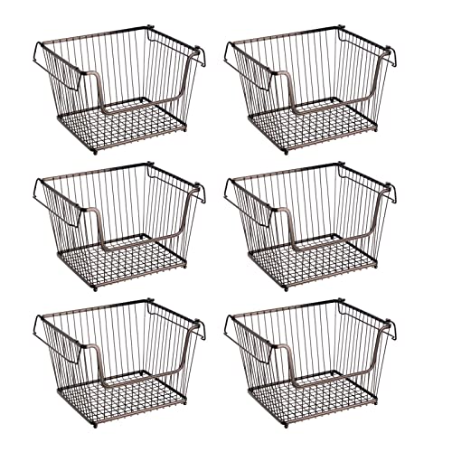 mDesign Modern Stackable Metal Food Storage Organizer Bin Basket with Handles, Open Front for Kitchen Cabinets, Pantry, Closets, Bedrooms, Bathrooms - Large, 6 Pack - Bronze