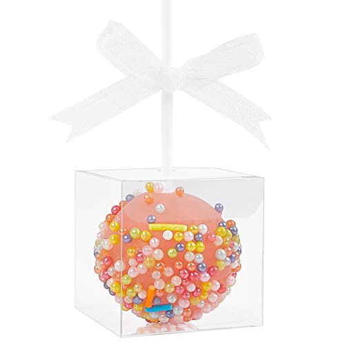 Jutieuo 100 Pack Single Cake Pop Box With Hole for Stick and Ribbons 1.9x1.9x2 Inches, Clear Plastic Lollipop Candy Treat Boxes Individual Cake Pop Display Packaging Boxes