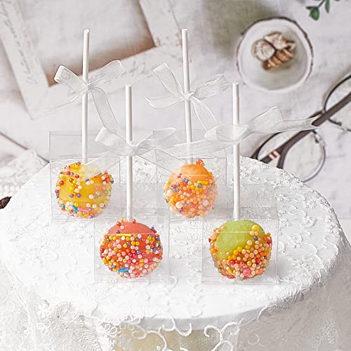 Jutieuo 100 Pack Single Cake Pop Box With Hole for Stick and Ribbons 1.9x1.9x2 Inches, Clear Plastic Lollipop Candy Treat Boxes Individual Cake Pop Display Packaging Boxes