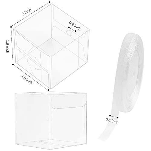 Jutieuo 100 Pack Single Cake Pop Box With Hole for Stick and Ribbons 1.9x1.9x2 Inches, Clear Plastic Lollipop Candy Treat Boxes Individual Cake Pop Display Packaging Boxes