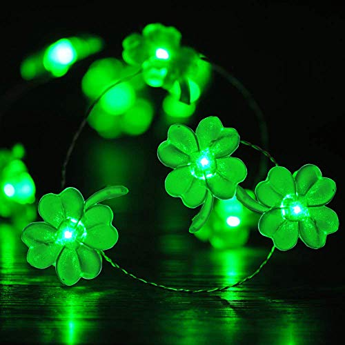 BOHON Decorative Lights Shamrocks LED String Lights Battery Operated with Remote 10 ft 40 LEDs Lucky Clover Handmade String Lights for Bedroom Party Feast of St. Patrick's Day Green Decoration