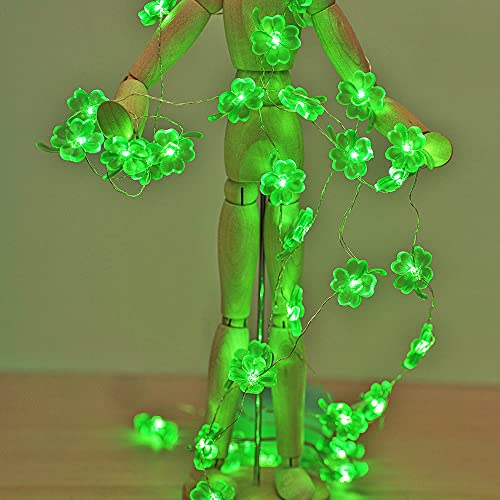 BOHON Decorative Lights Shamrocks LED String Lights Battery Operated with Remote 10 ft 40 LEDs Lucky Clover Handmade String Lights for Bedroom Party Feast of St. Patrick's Day Green Decoration