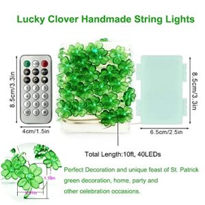 BOHON Decorative Lights Shamrocks LED String Lights Battery Operated with Remote 10 ft 40 LEDs Lucky Clover Handmade String Lights for Bedroom Party Feast of St. Patrick's Day Green Decoration