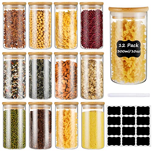 Glass Jars with Bamboo Lids,12 Pack Spice Jars with Bamboo Lids,10oz (300ml) Glass Storage Jars,Glass Canisters with Wood Airtight Lids,Labels,Glass Storage Containers for Food,Beans,Candy,Spice