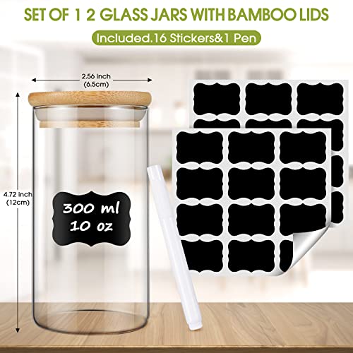 Glass Jars with Bamboo Lids,12 Pack Spice Jars with Bamboo Lids,10oz (300ml) Glass Storage Jars,Glass Canisters with Wood Airtight Lids,Labels,Glass Storage Containers for Food,Beans,Candy,Spice