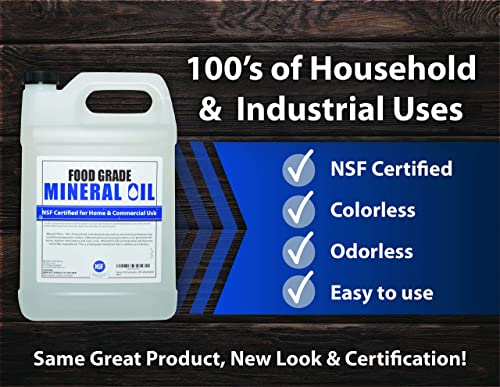 NSF Certified Food Grade Mineral Oil – Gallon (128oz), Certified Food Safe Conditioner for Wood Cutting Boards, Butcher Blocks and Stainless-Steel Kitchen Equipment