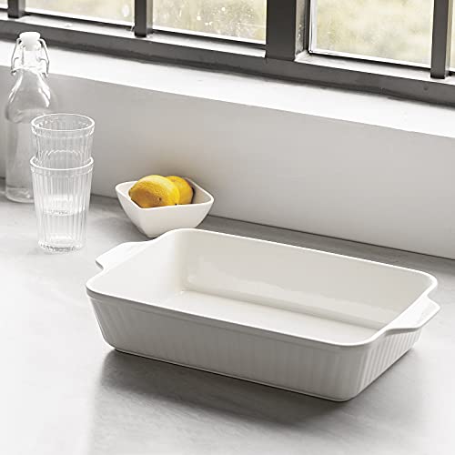 DOWAN 13" Baking Dish, Lasagna Pan Large & Deep, Rectangular Baking Pan with Handles, 135 oz Ceramic Casserole Dish for Cooking, White