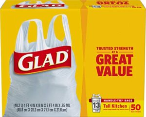 glad® tall kitchen handle-tie® trash bags – 13 gallon white trash bag – 50 count (package may vary)