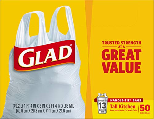 Glad® Tall Kitchen Handle-Tie® Trash Bags - 13 Gallon White Trash Bag - 50 Count (Package May Vary)