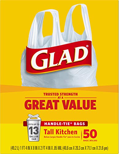 Glad® Tall Kitchen Handle-Tie® Trash Bags - 13 Gallon White Trash Bag - 50 Count (Package May Vary)