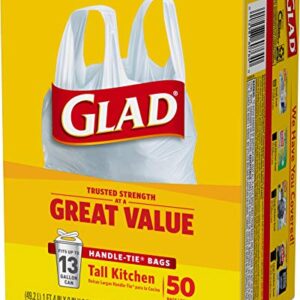 Glad® Tall Kitchen Handle-Tie® Trash Bags - 13 Gallon White Trash Bag - 50 Count (Package May Vary)